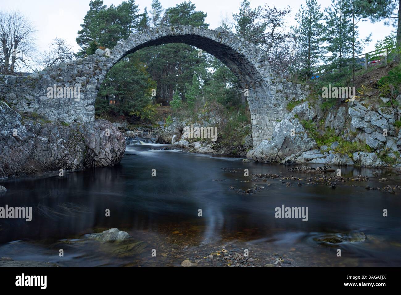 Landscape view of packhorse bridge, Carrbridge, Highland, Scotland ...