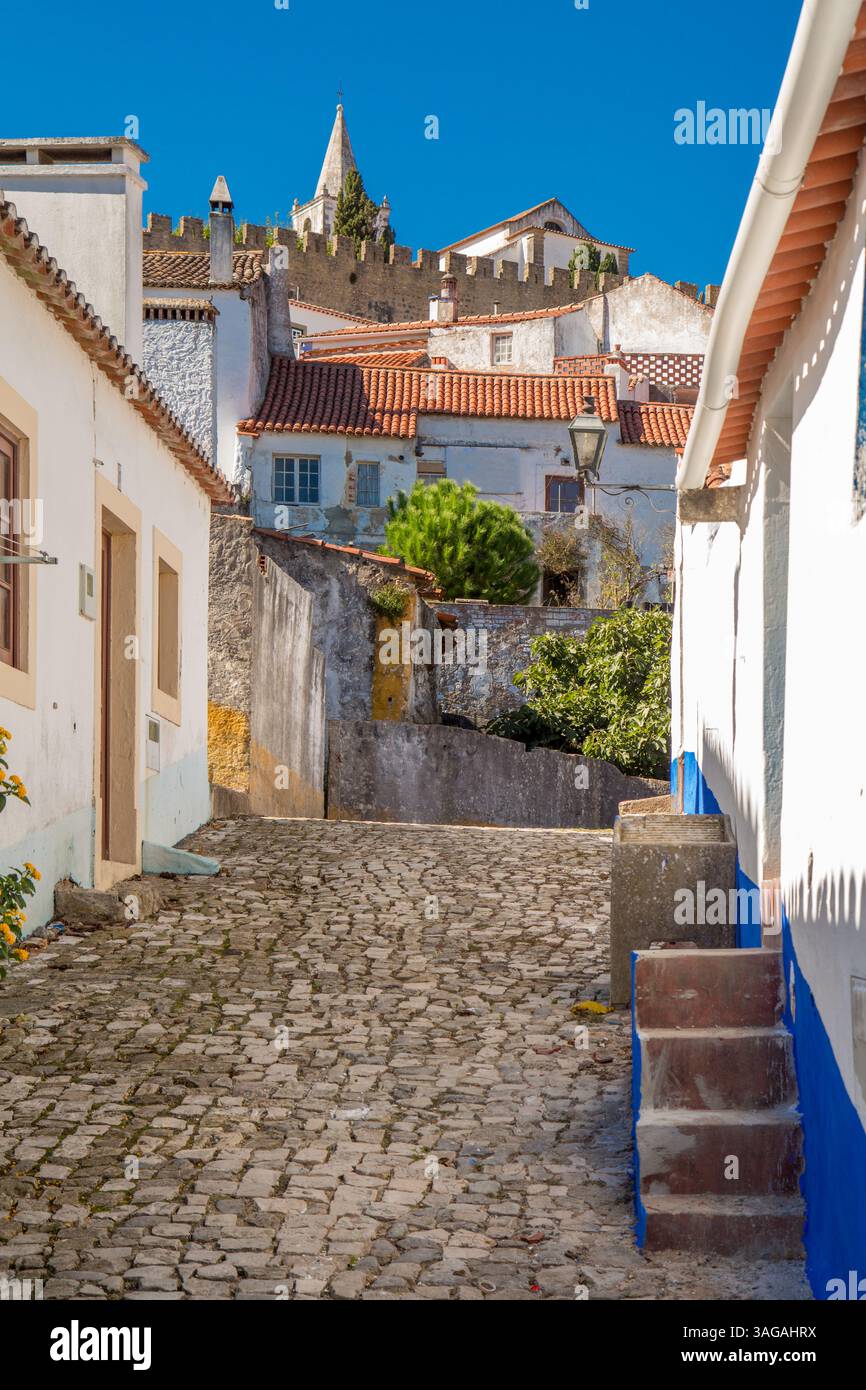 Charming cobblestone street in Óbidos, Portugal, with whitewashed ...