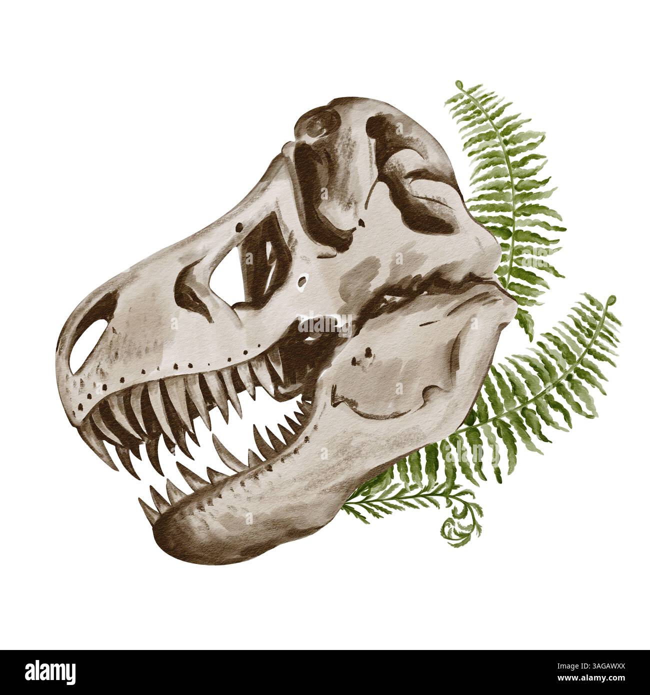 Tyrannosaurus head decorated with plants. Dinosaur skull with fern ...