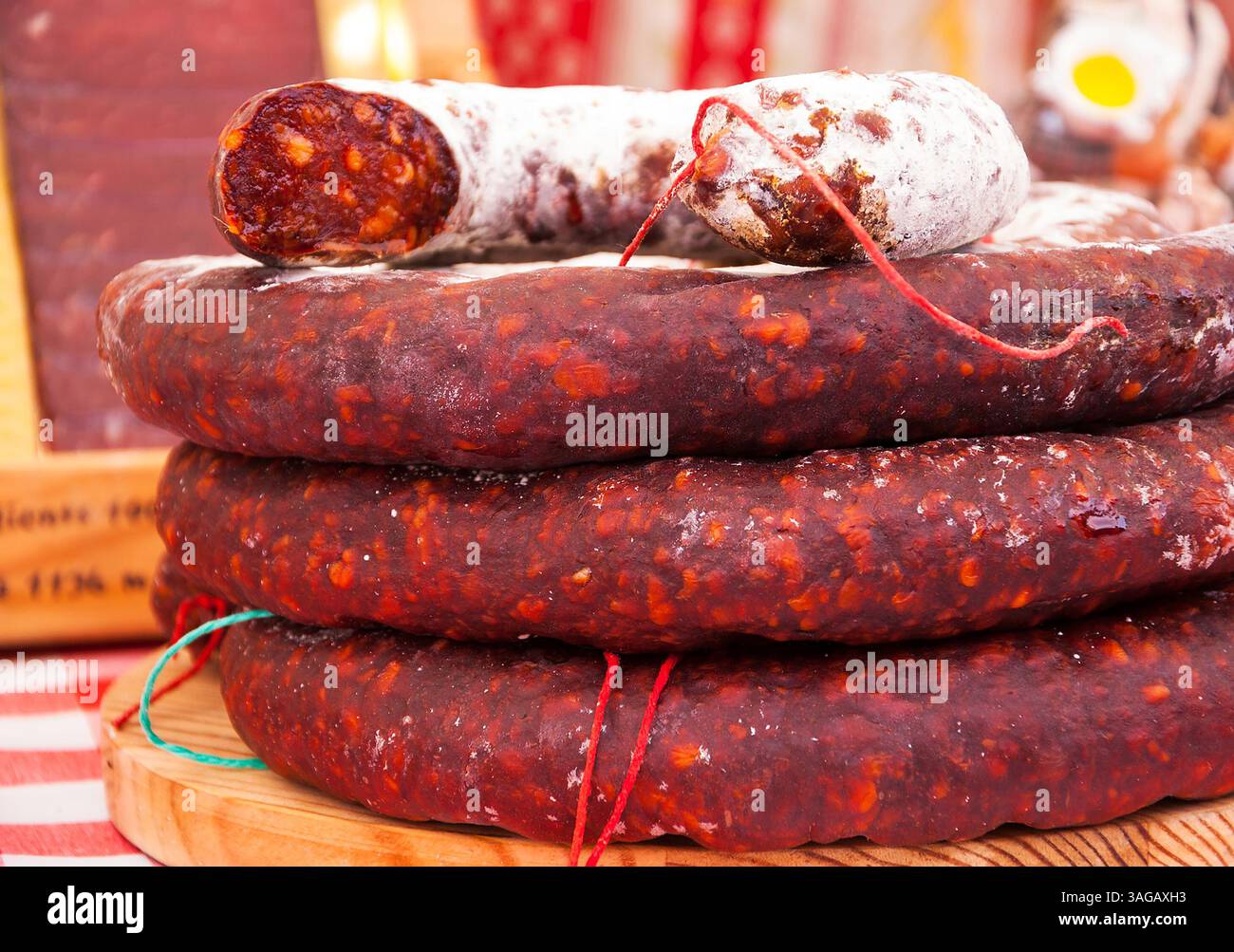 Traditional French dry blood sausage on the stall at the food market ...