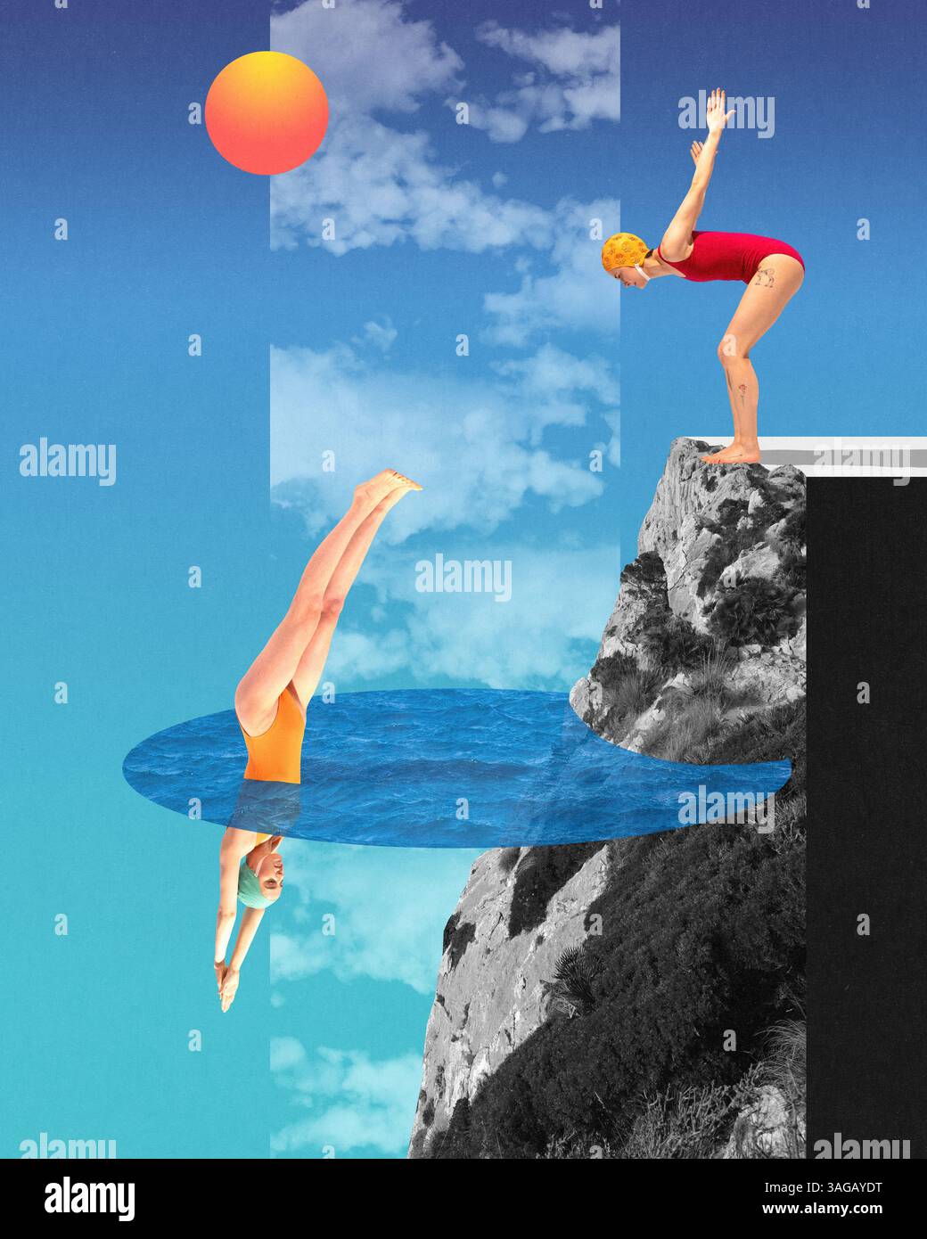 Woman in red swimsuit diving from rocky cliff into oval pool floating ...