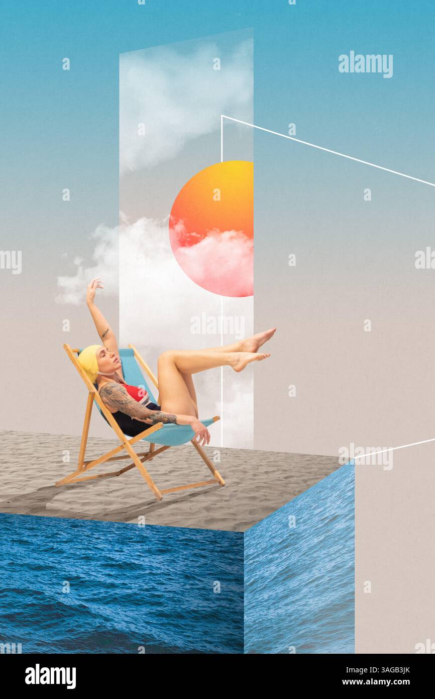 Tattooed woman in swimsuit reclining in beach chair on floating sand ...