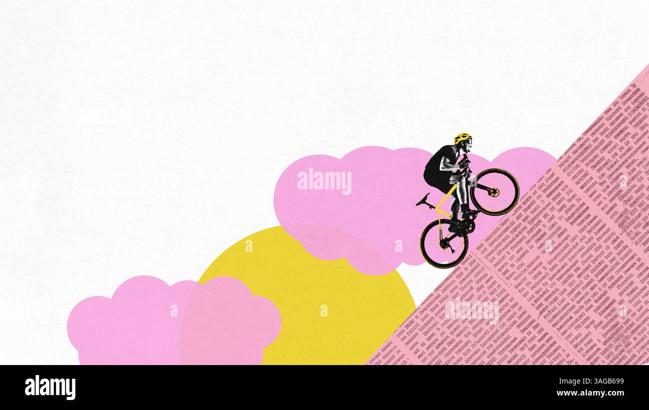 Conceptual art collage. Cyclist riding through pastel clouds and yellow ...