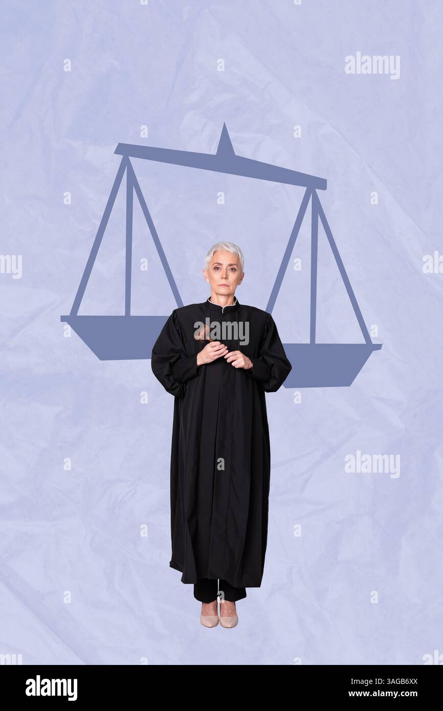 Vertical sketch 3d collage poster of serious old woman hold hammer ...