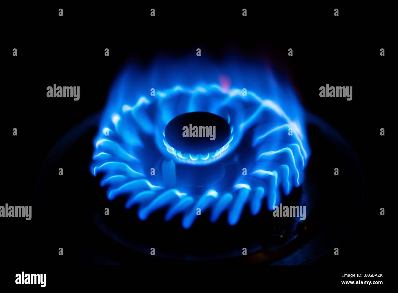 A gas stove burner with a bright blue flame, glowing against a dark ...