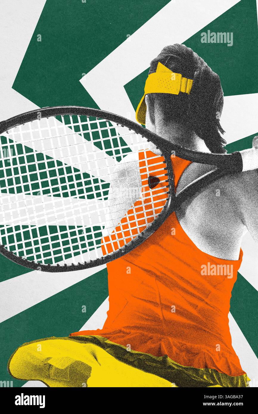Poster. Contemporary art collage. Close-up of tennis player with large ...