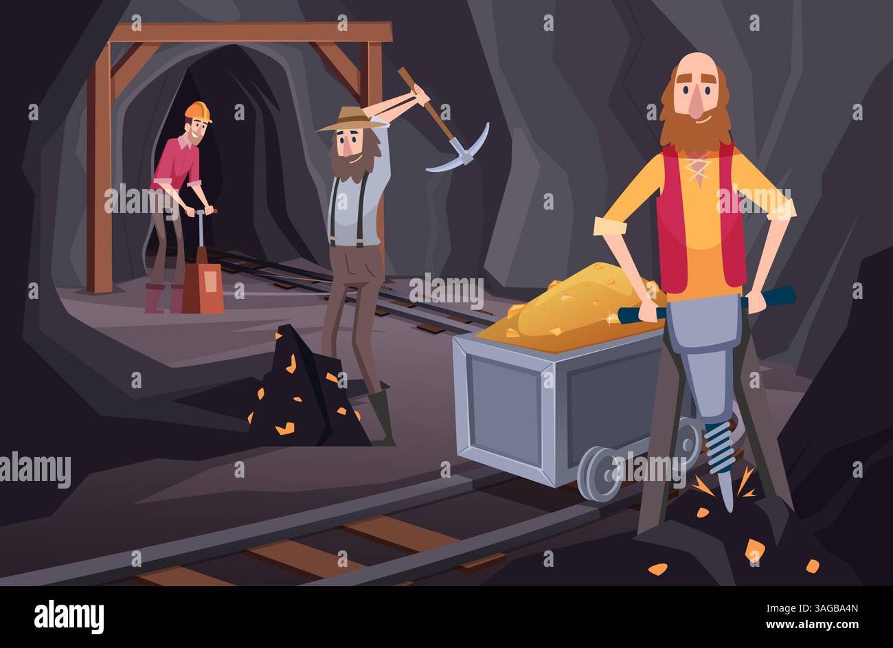 Miners working. mine with treasures. vector cartoon background Stock ...