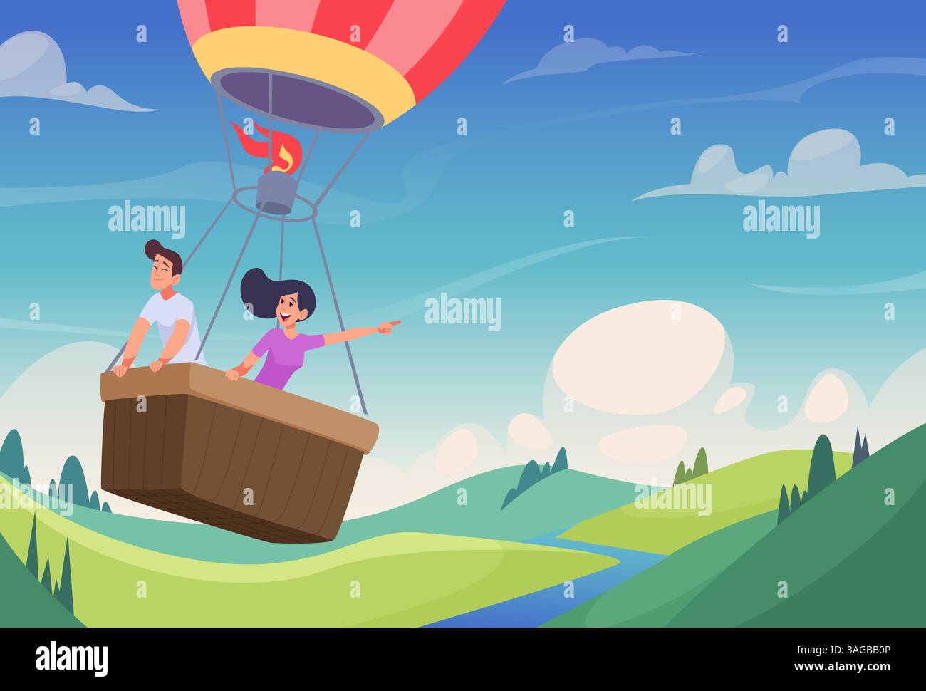 Sky balloon exploration. Happy travelers exploring outdoors and flying ...