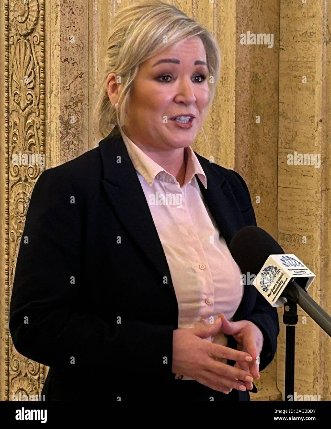 First Minister Michelle O'Neill speaks to media in the Great Hall at ...