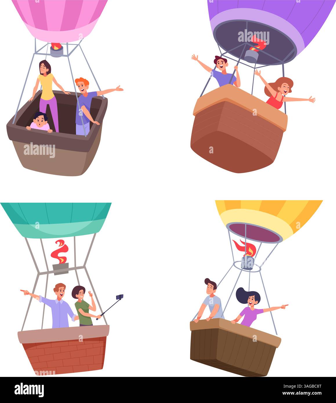 Air balloon. Tourists, happy travelers, flying in a basket of an air ...