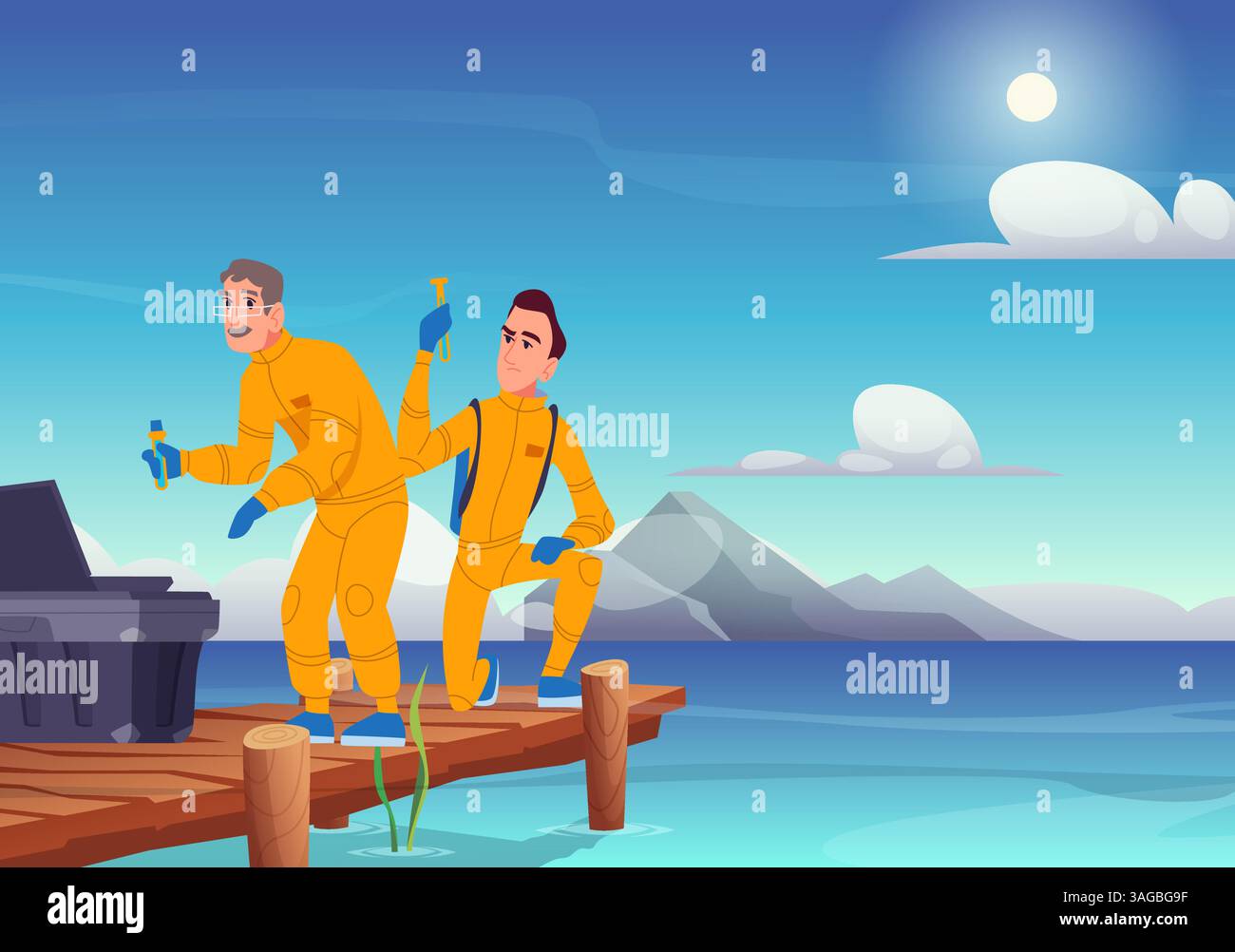 Water sample. scientists in professional costumes standing on bridge ...