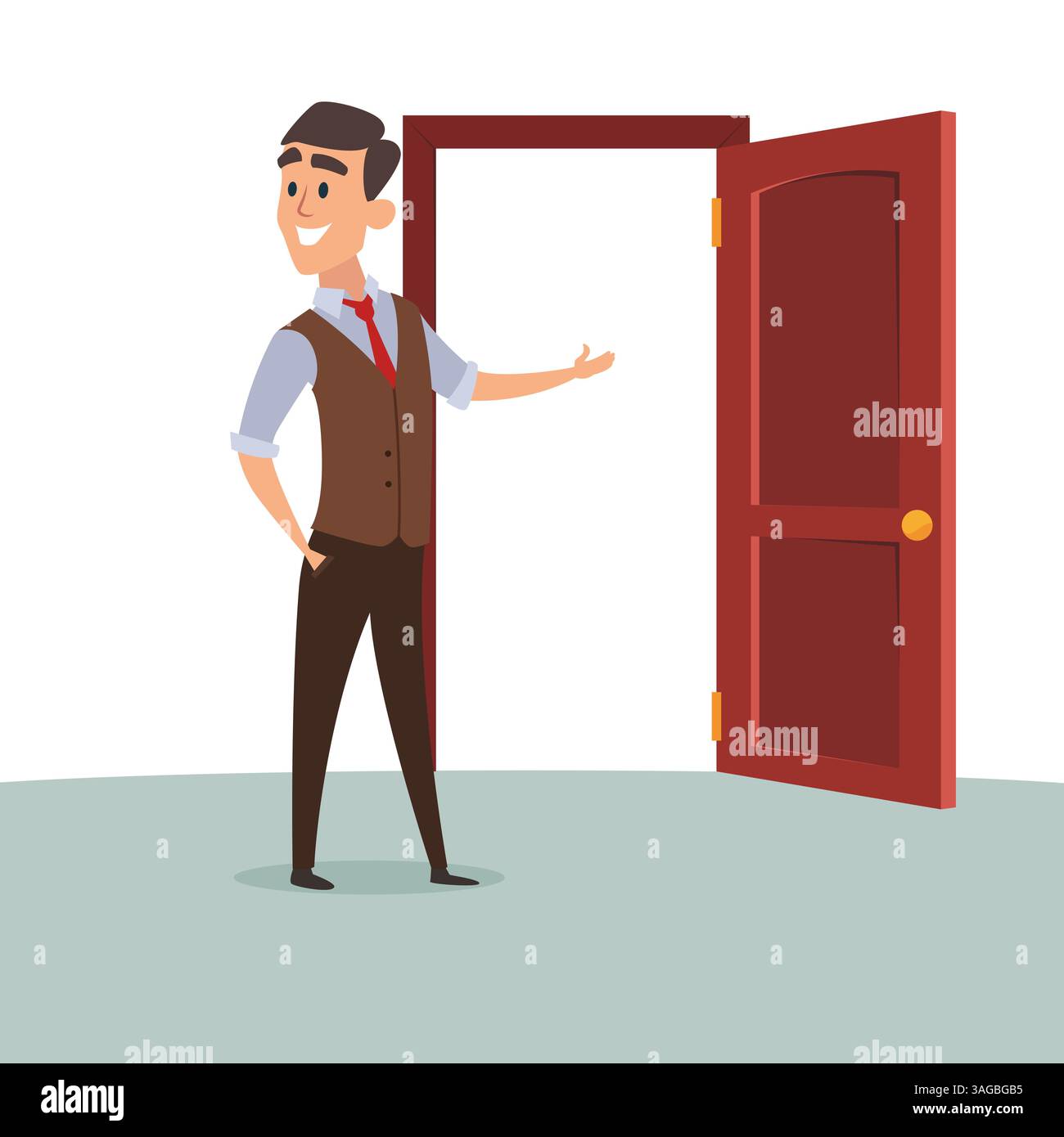 Welcome home. man invite in opened door. vector concept picture Stock ...