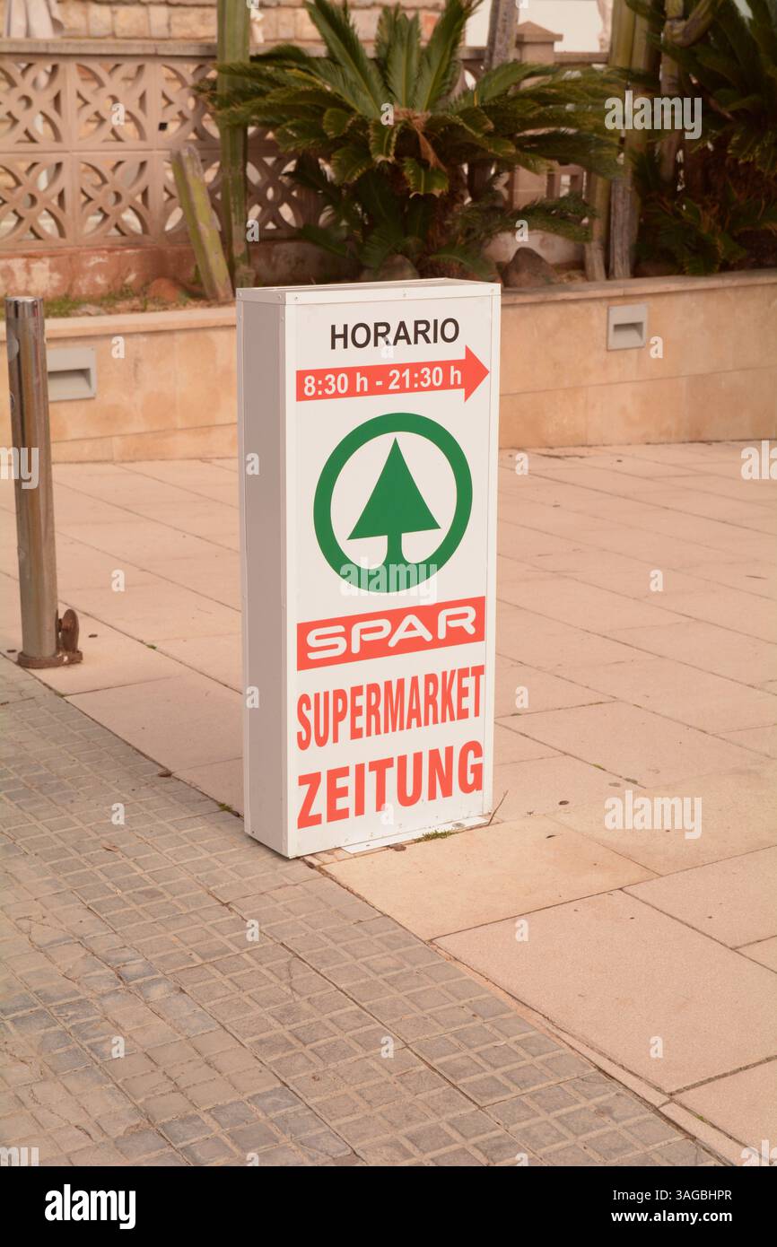 Spar Supermarket sign with opening times in Les Meravelles, Mallorca ...