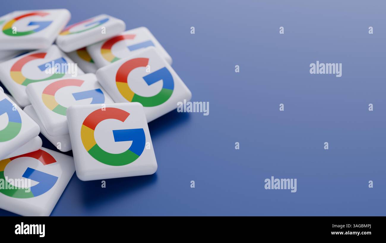 Close-up of the Google technology company logo on a pile on blue ...