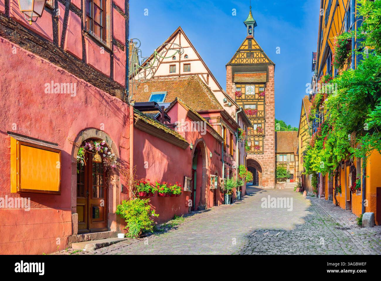 Riquewihr, Alsace. Rue du General de Gaulle in one of the most ...
