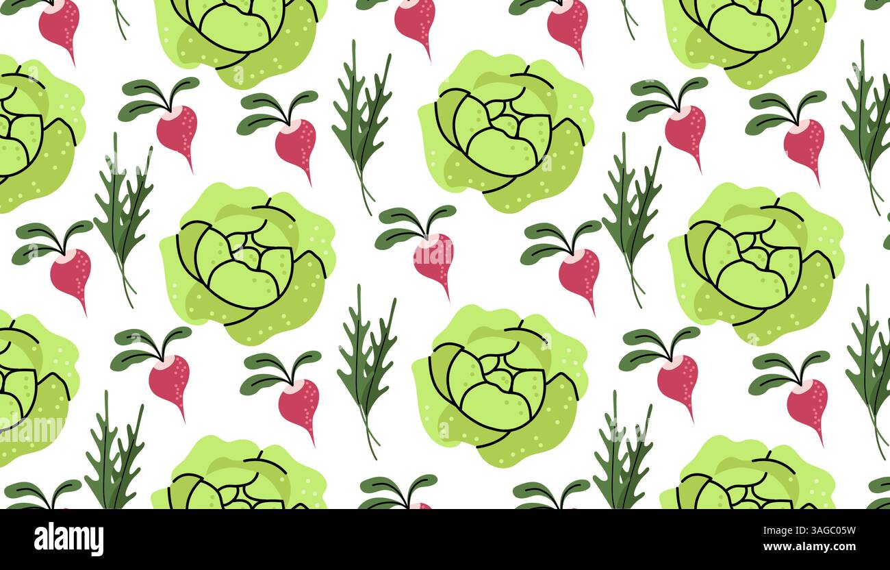 Seamless horizontal pattern of cabbage, radish, and leafy greens on a ...