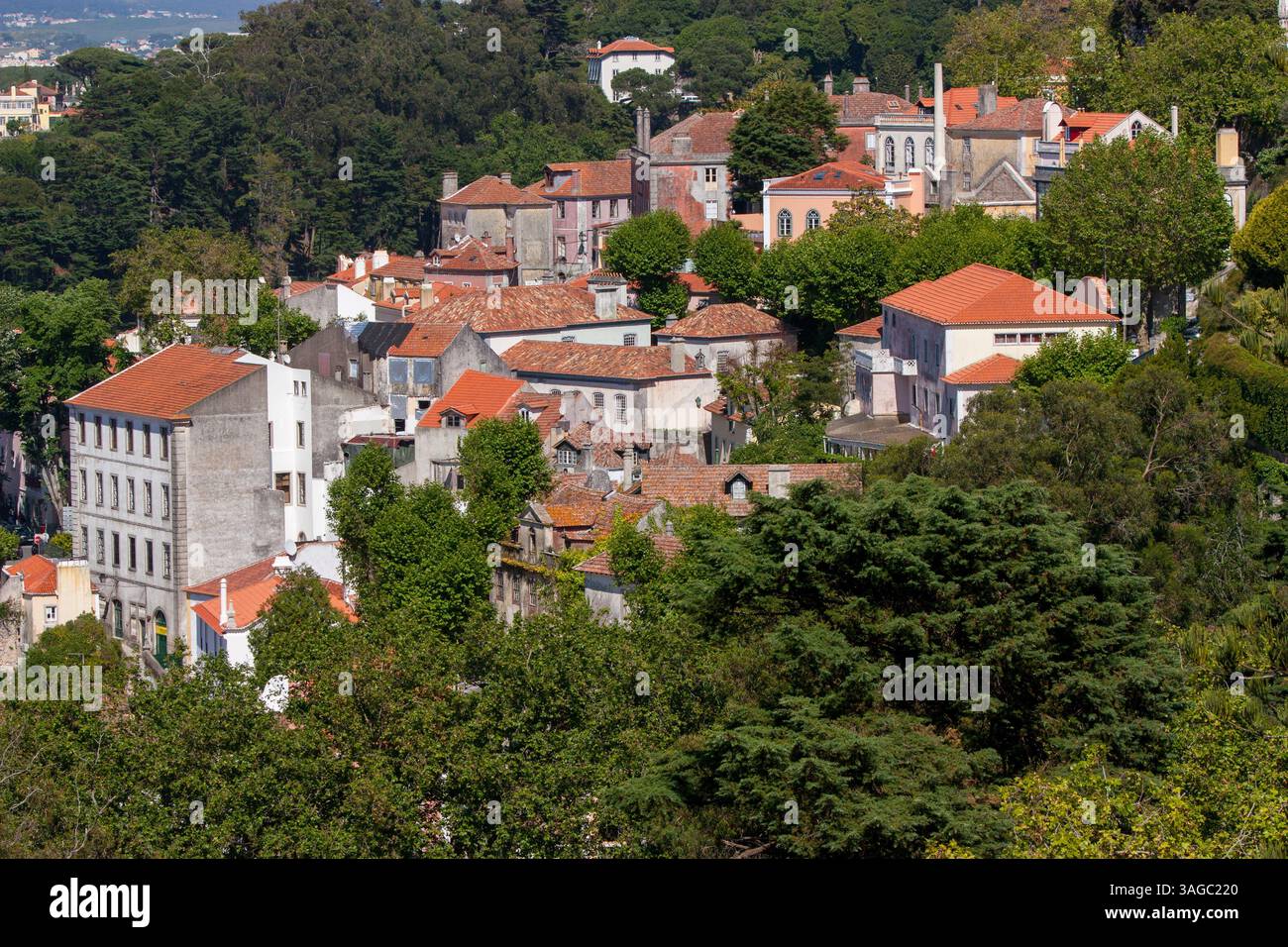 Aerial view of the town of Sintra, Portugal, with traditional houses ...