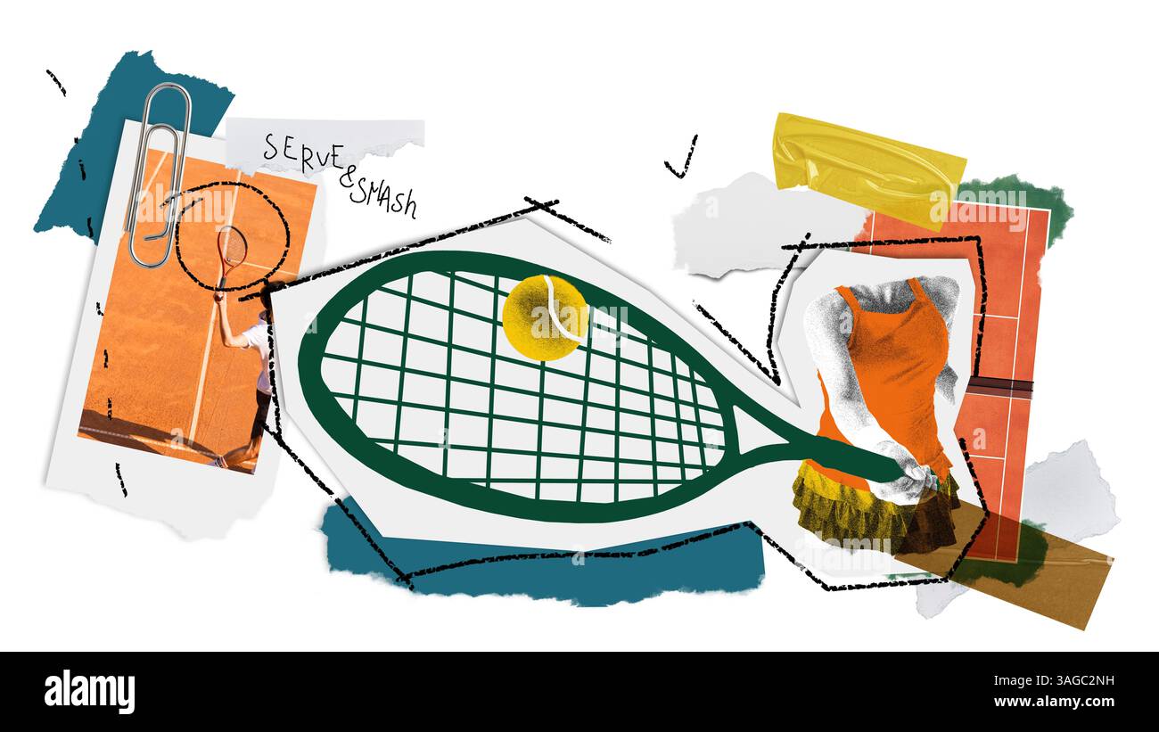 Poster. Contemporary art collage. Bold racket and tennis ball at center ...