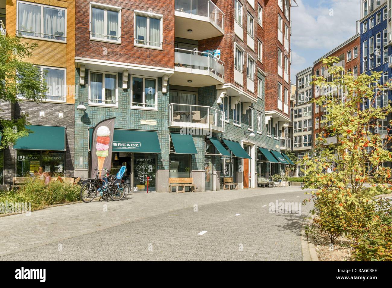 A picturesque view of a charming urban street featuring modern ...