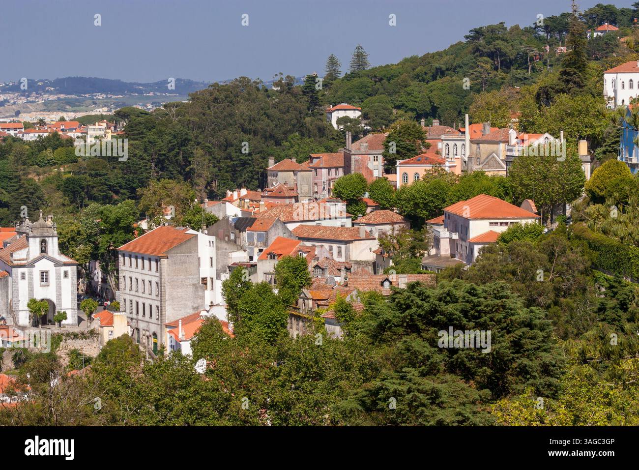 Aerial view of the town of Sintra, Portugal, with traditional houses ...