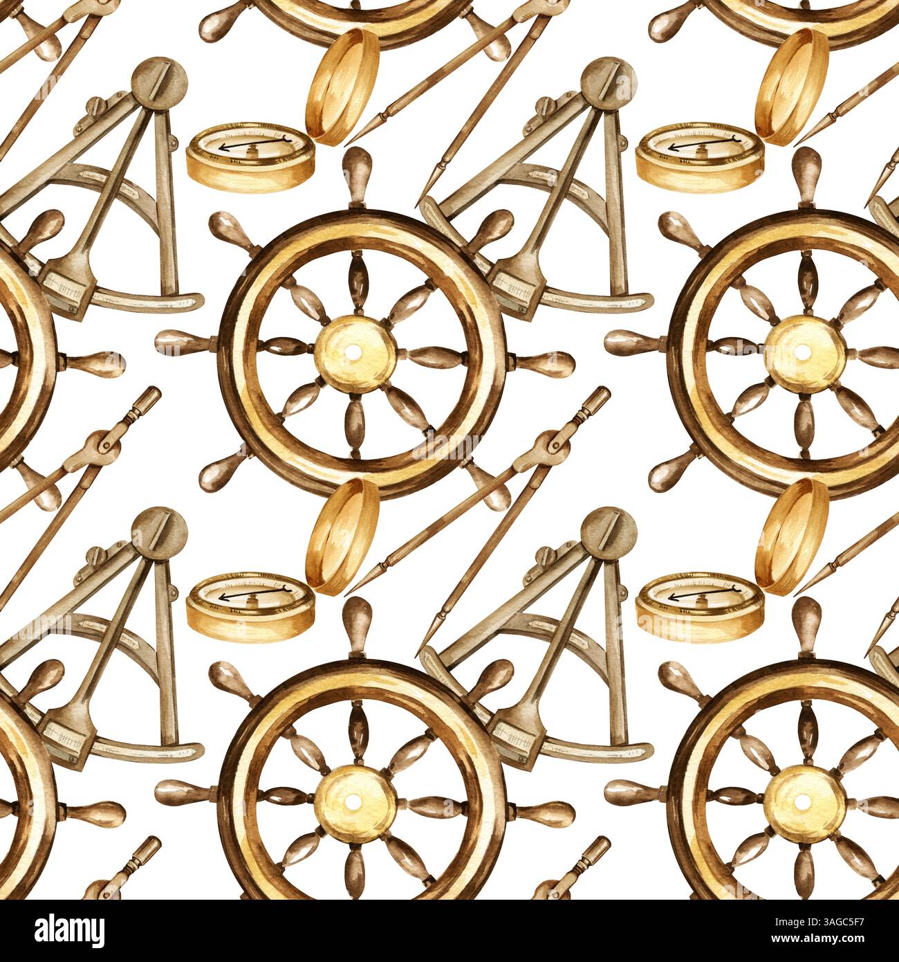 watercolor seamless pattern of vintage nautical equipment, brown ...