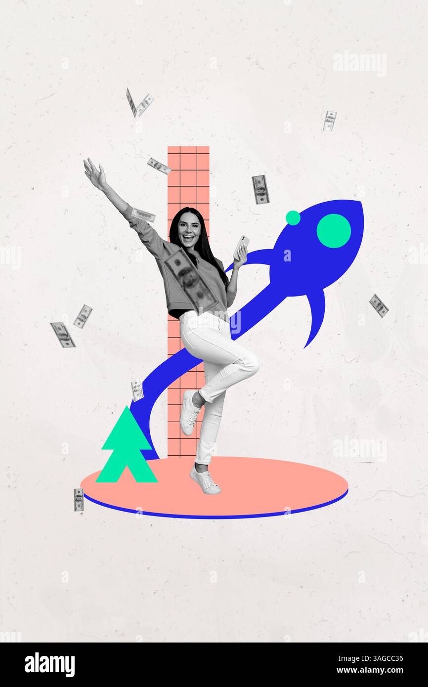 Pop surreal collage of young person having rocket ship fly dollars on ...
