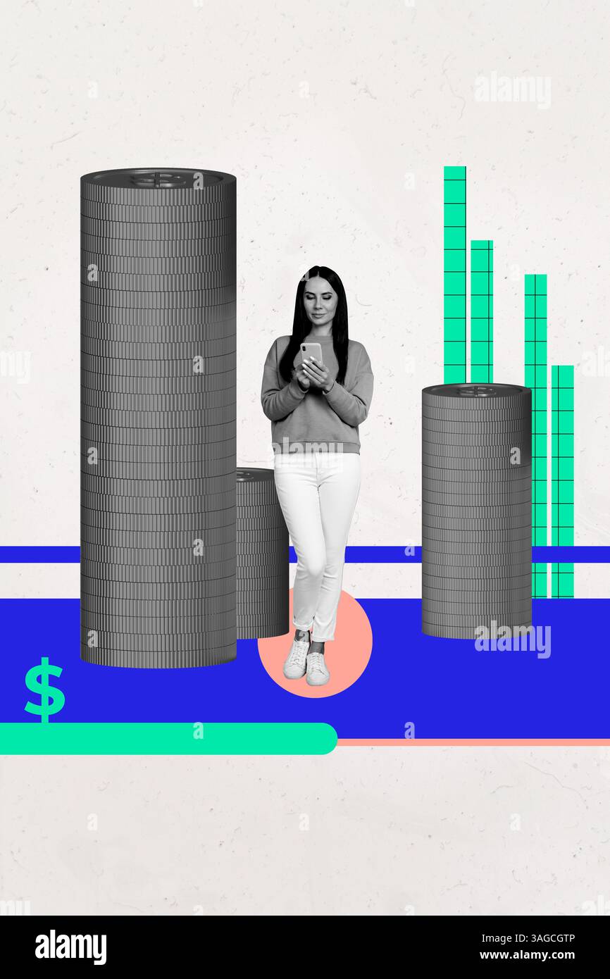 Poster magazine collage of person having stack coin on pastel color ...