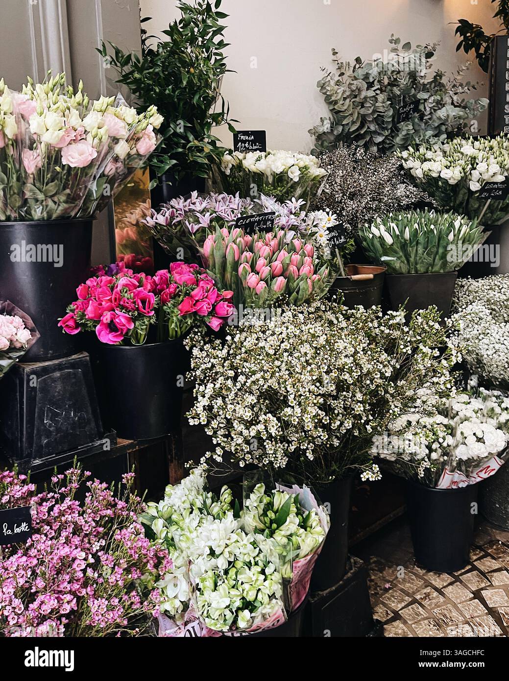 Typical European flower shops with different types of flowers on ...