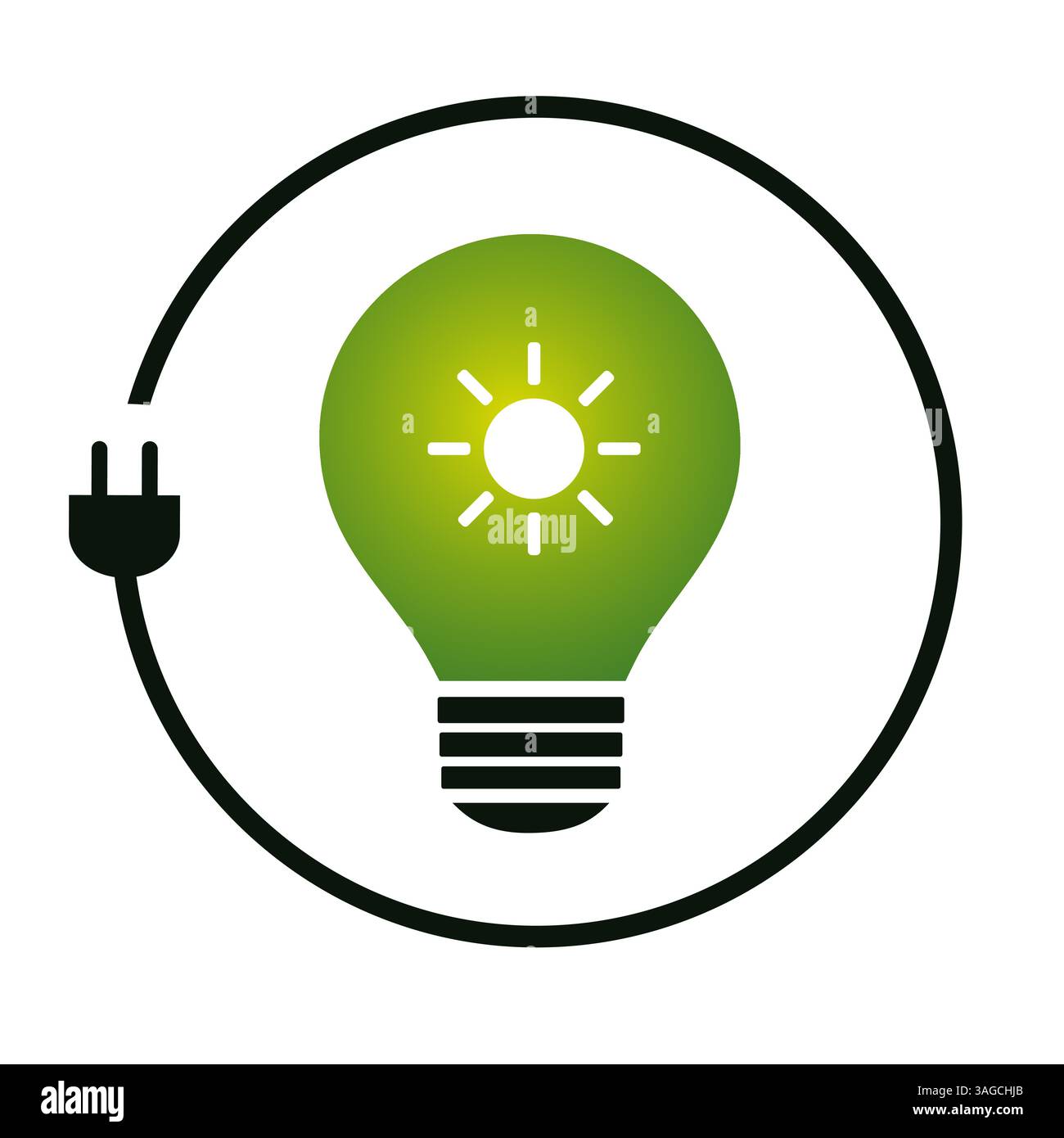 A green light bulb with sun, cord and plug around. Concept symbol ...