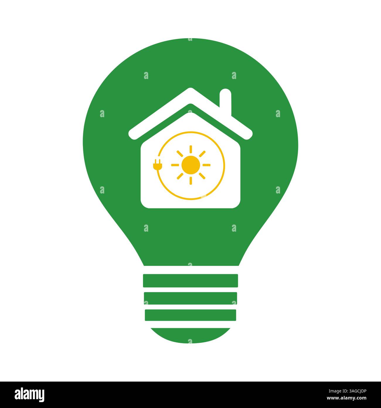 An eco-friendly home concept logo featuring a light bulb with house and sun inside. The green ...