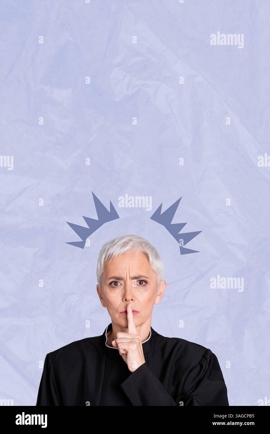 Vertical sketch 3d collage poster of serious old woman show shh gesture ...