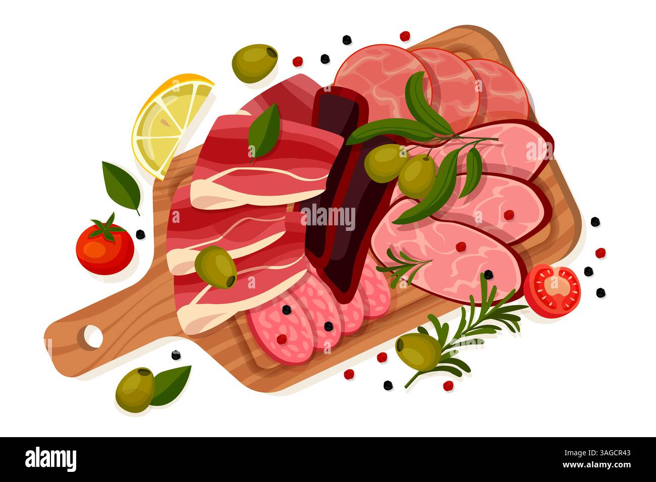 Fresh meat products on wooden cutting board. Vector flat cartoon top ...