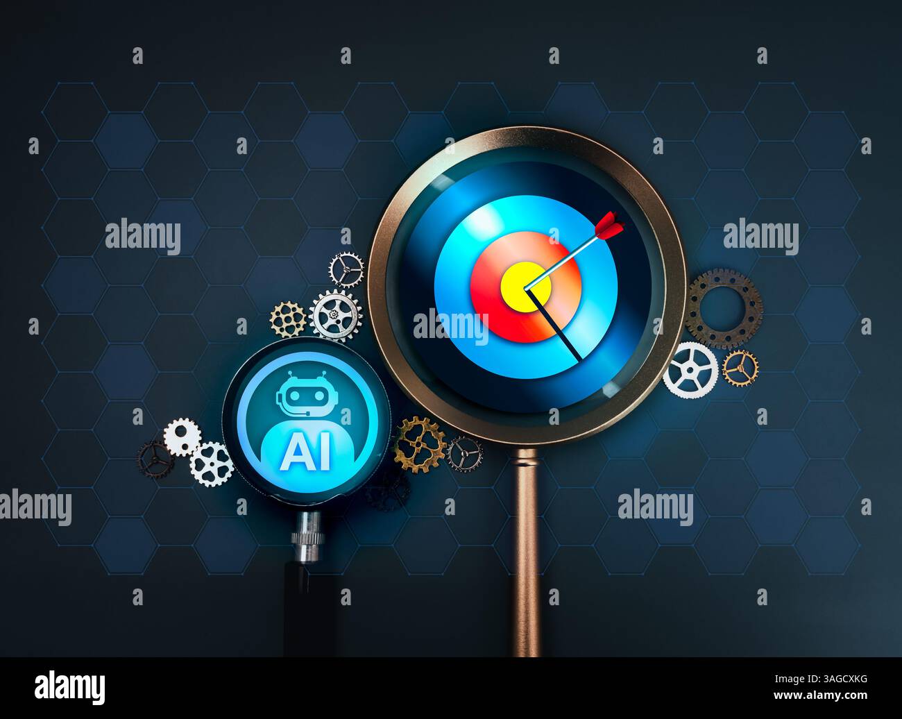 AI searching tools, smart assistance technology concept. Big goal target icon and artificial ...