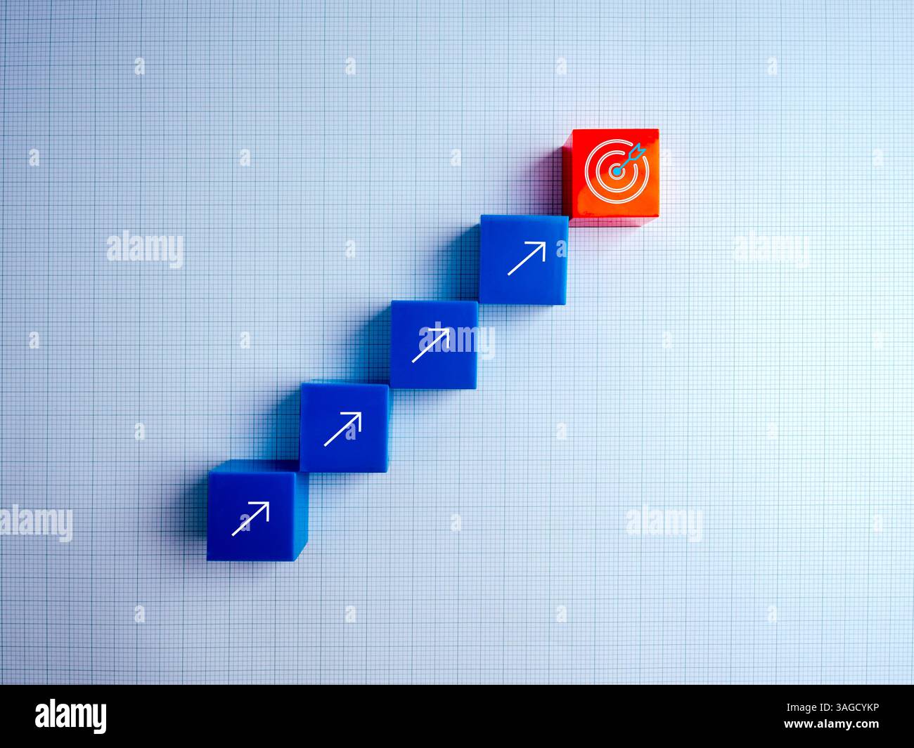 Target goal icon on top of red cube of other blues, steps with rising ...