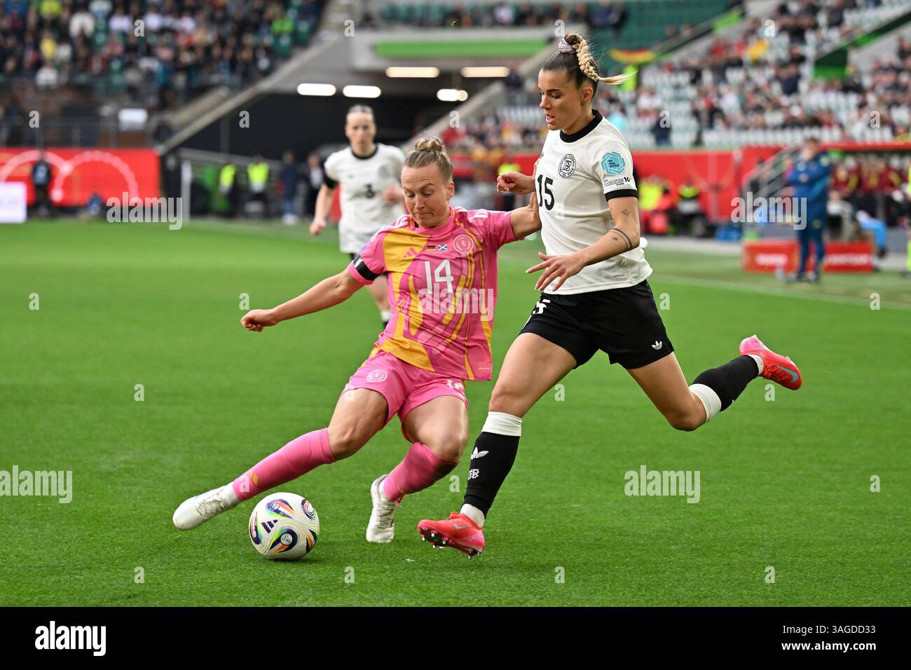 Scotland's Rachel McLauchlan, left, and Germany's Vivien Endemann fight ...