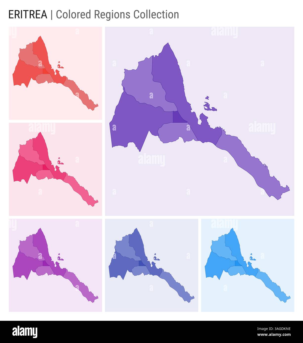 Eritrea map collection. Country shape with colored regions. Deep Purple, Red, Pink, Purple ...