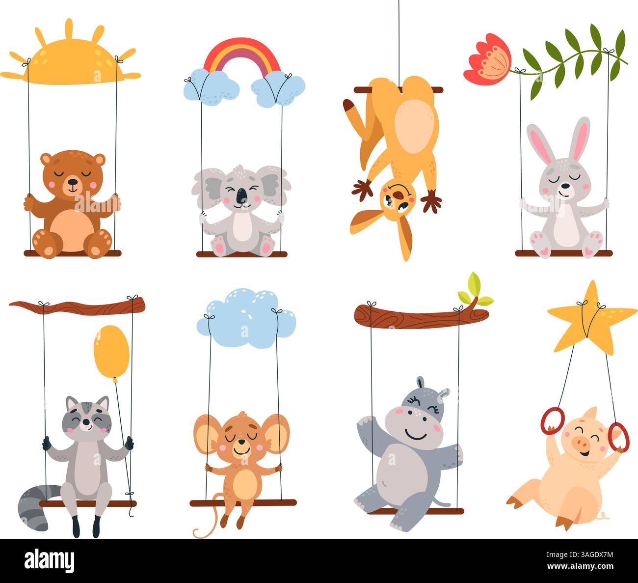 Funny animals on swings. Kangaroo pig bunny raccoon and koala riding ...