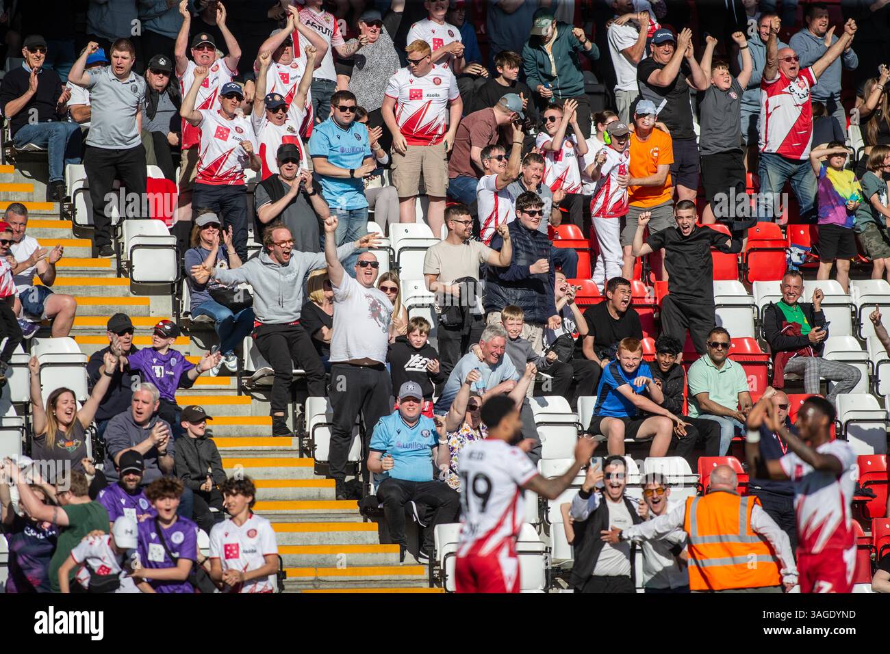 Football fans and supporters celebrating their team scoring a goal as ...