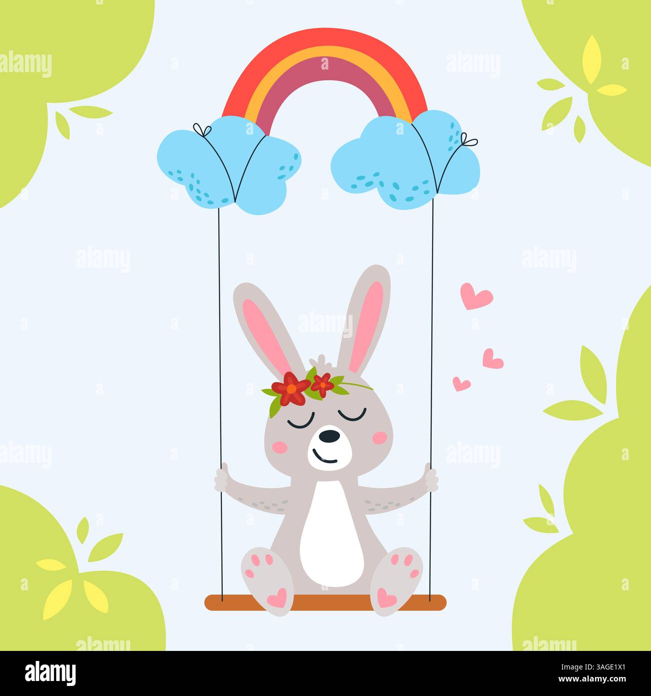 Cute bunny on swing. Seasonal funny print with cartoon rabbit move on ...