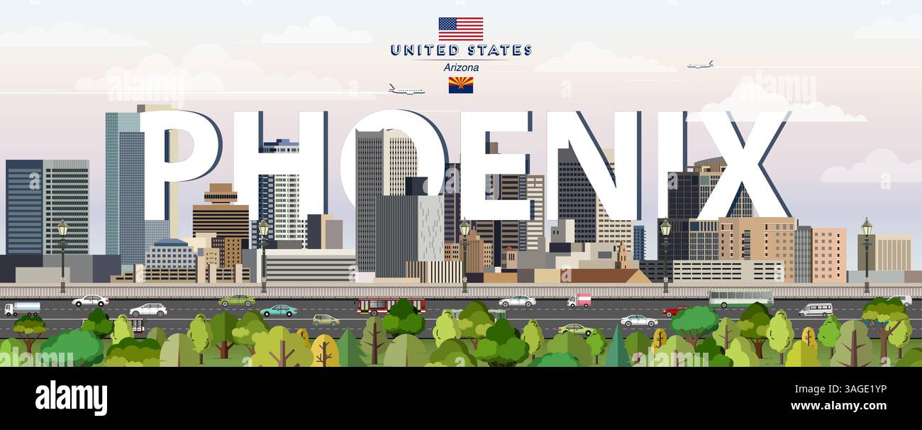Phoenix city skyline colorful vector illustration. Travel poster Stock ...