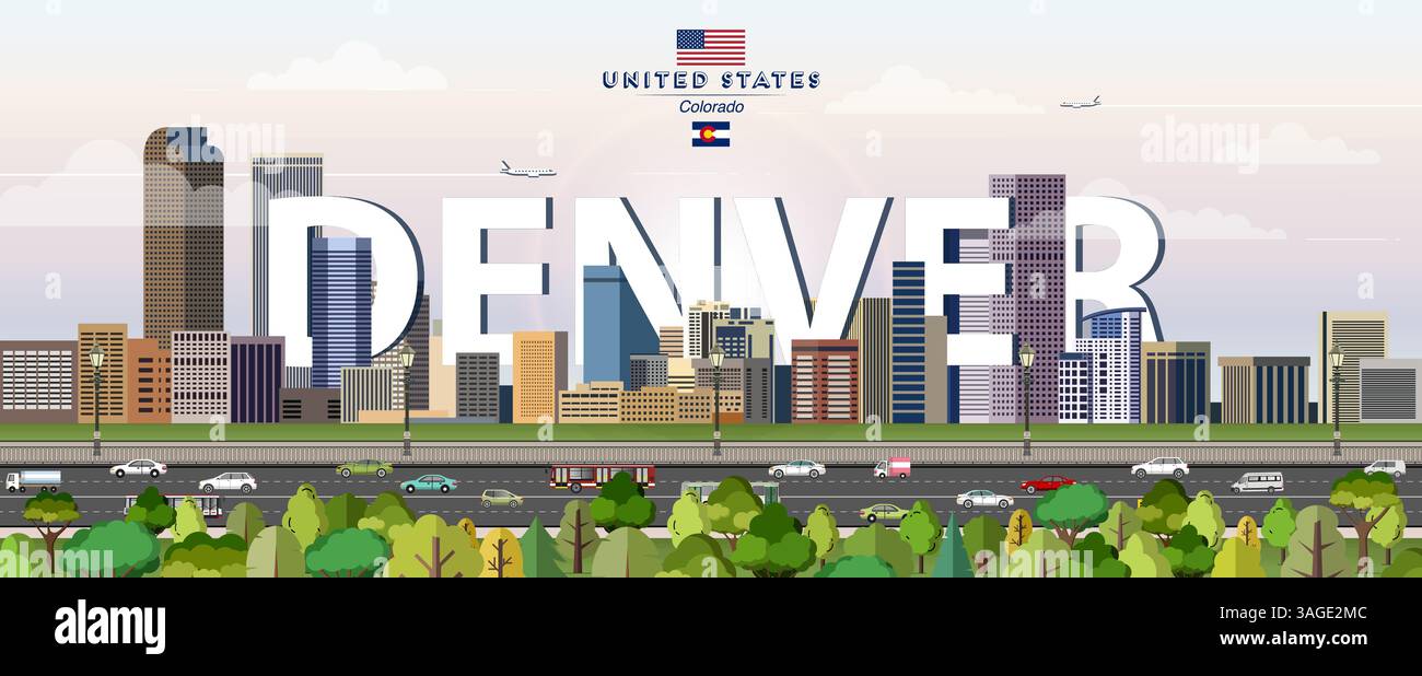 Denver city skyline colorful vector illustration. Travel poster Stock ...