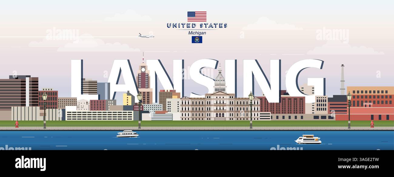 Lansing city skyline colorful vector illustration. Travel poster Stock ...