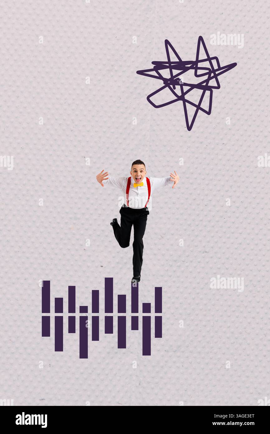 Poster banner collage odf happy crazy guy dance music notes over grey ...