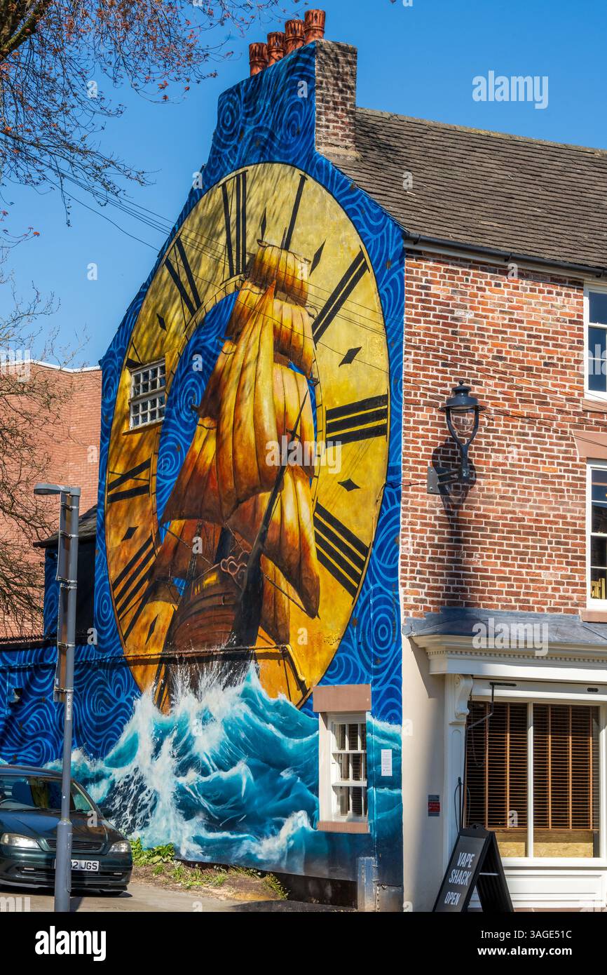 Giant clock mural by artist Paul Curtis representing Prescots clock ...