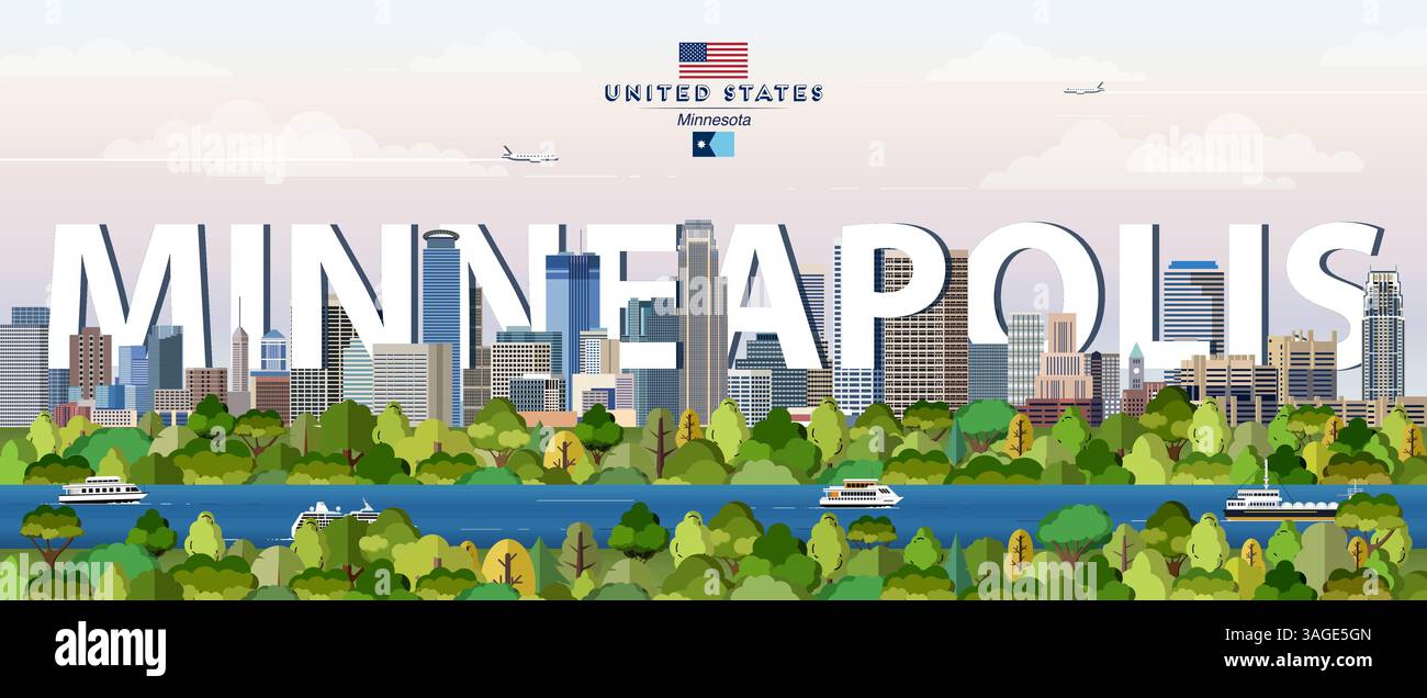 Minneapolis city skyline colorful vector illustration. Travel poster ...