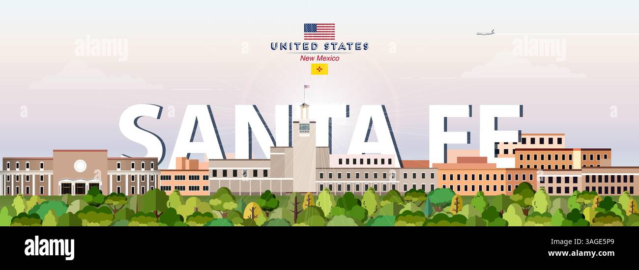 Santa Fe city skyline colorful vector illustration. Travel poster Stock ...