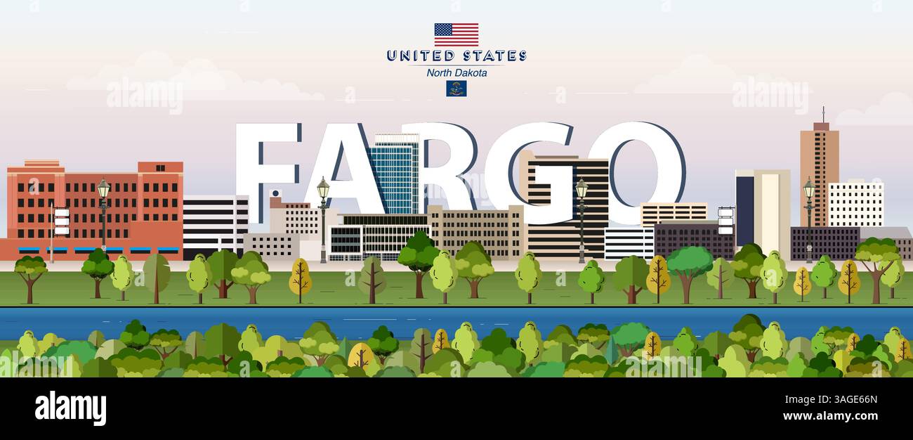 Fargo city skyline colorful vector illustration. Travel poster Stock ...
