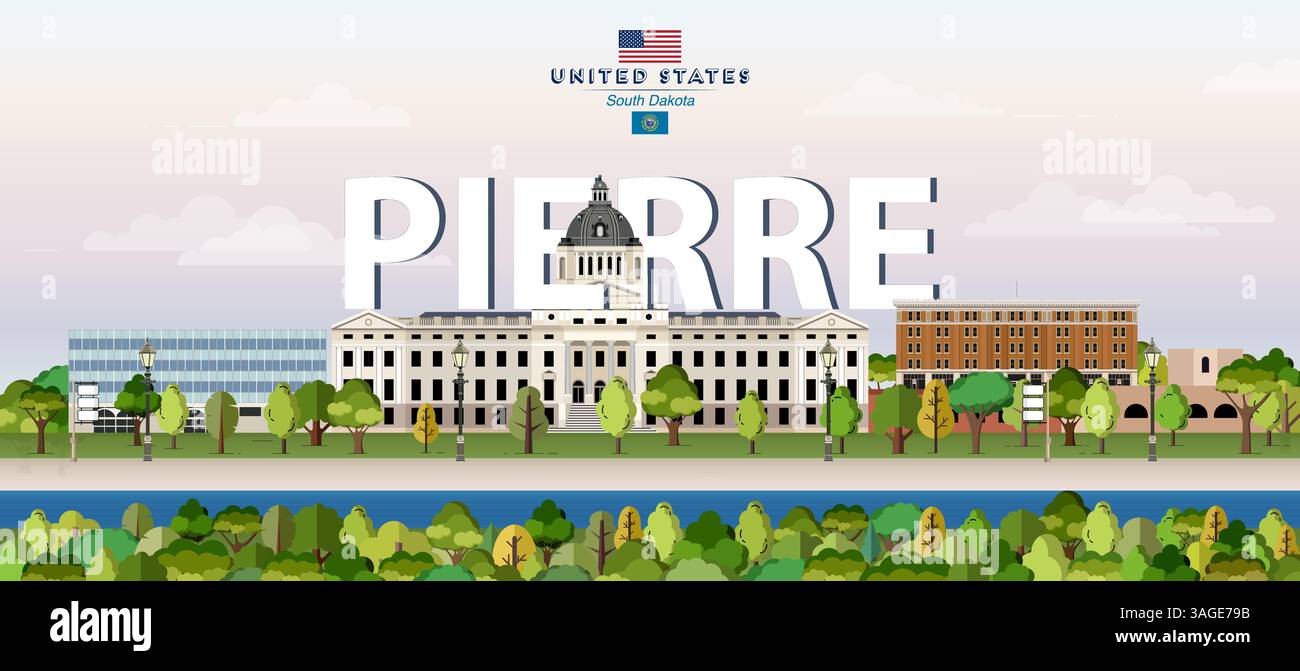 Pierre city skyline colorful vector illustration. Travel poster Stock ...