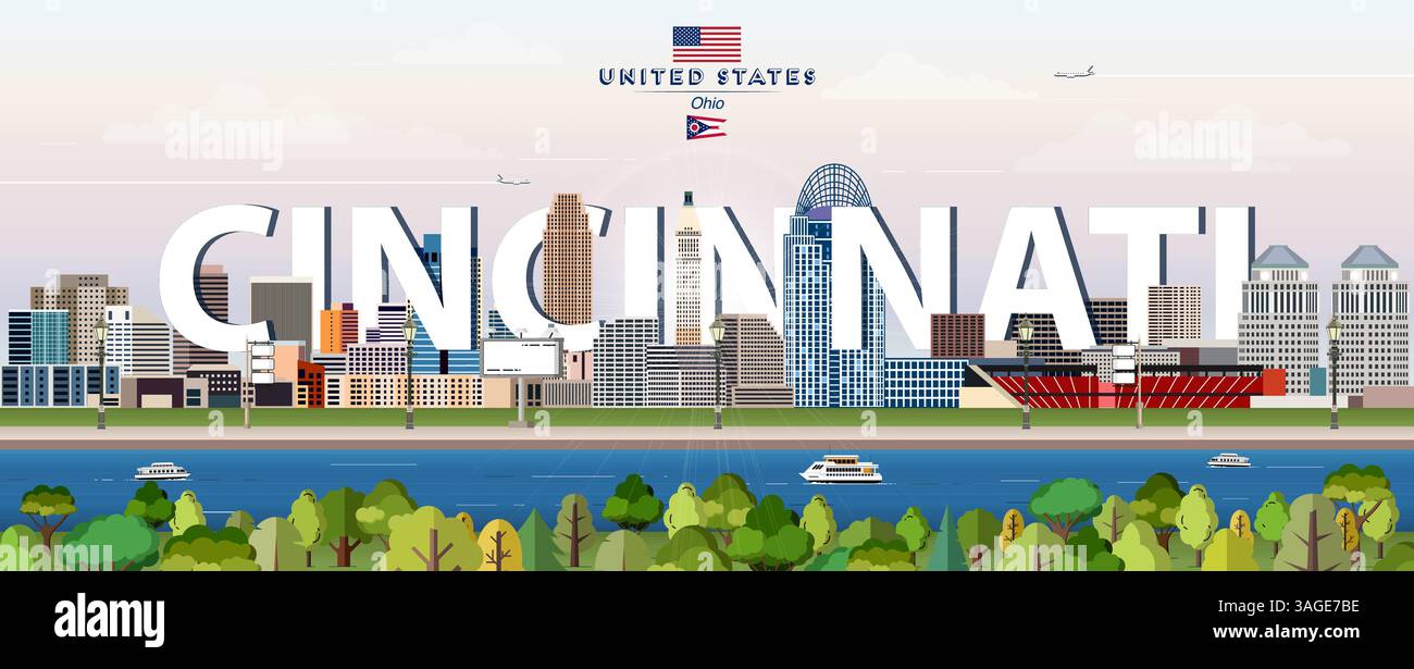 Cincinnati city skyline colorful vector illustration. Travel poster ...