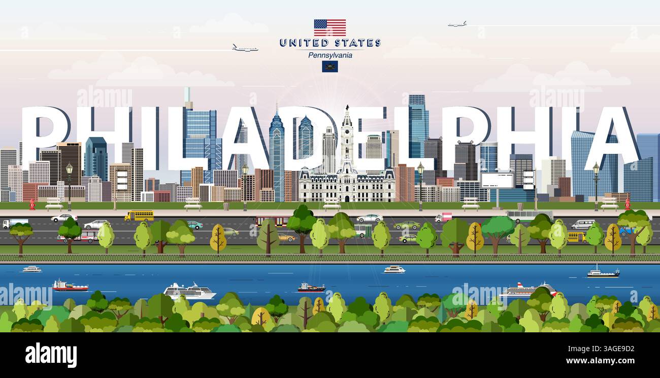 Philadelphia city skyline colorful vector illustration. Travel poster ...